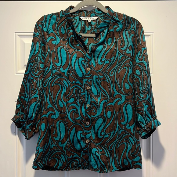 Trina Turk | Tops | Trina Turk Teal Brown Paisley Silk Blouse Size S ...